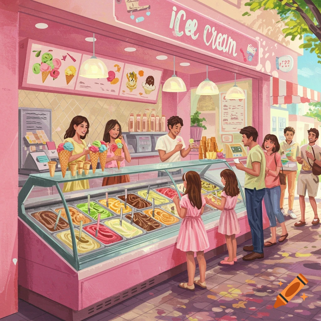 People buying colorful ice cream at a pink shop. on Craiyon