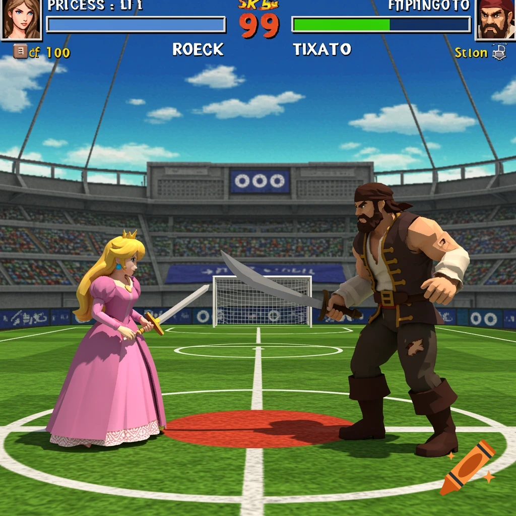 PS1 3D fighting game: princess vs. pirate in soccer arena on Craiyon