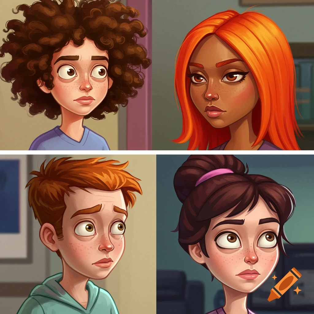 Four cartoon character portraits arranged in a grid. Two girls are in ...
