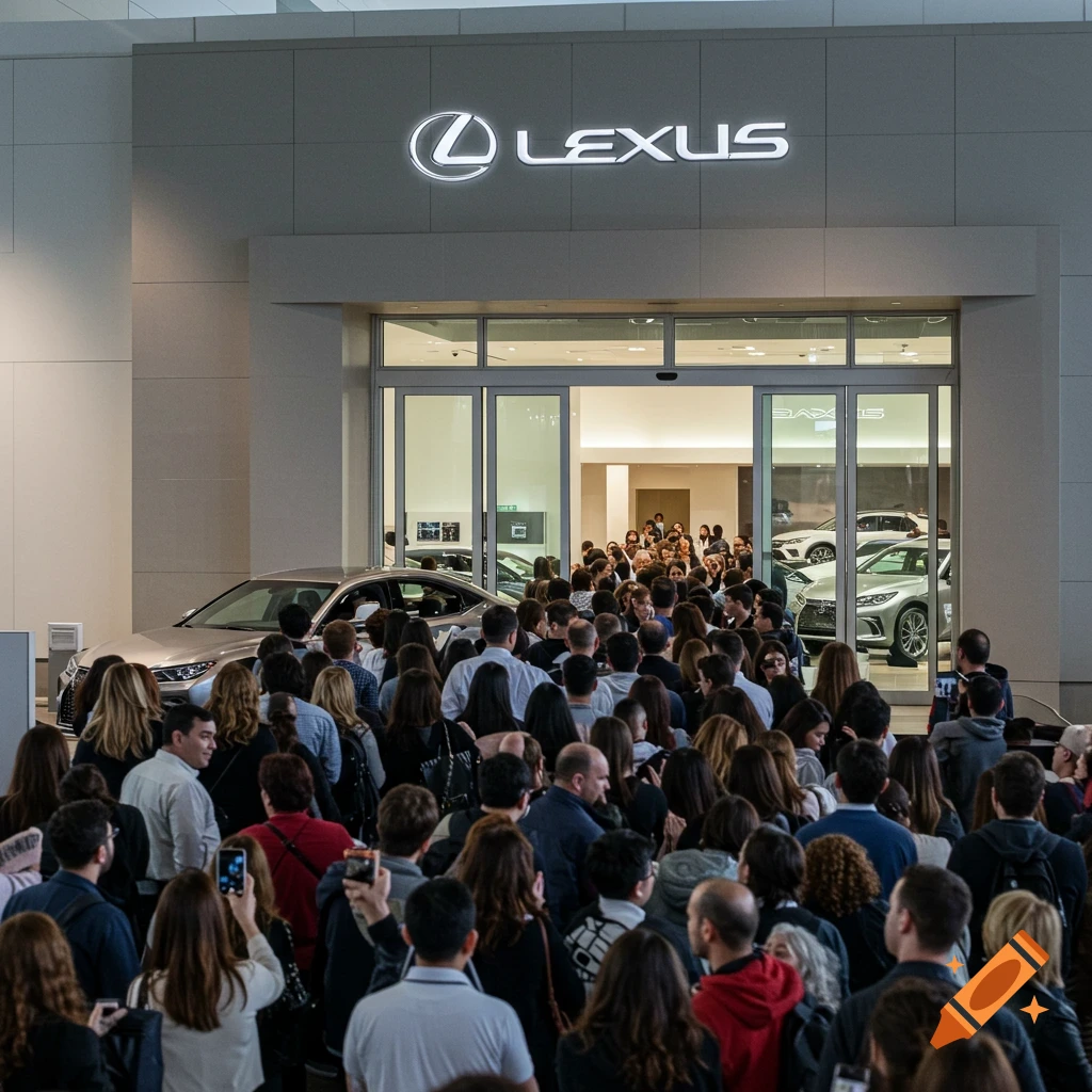 A large crowd of people wait outside a Lexus dealership. on Craiyon