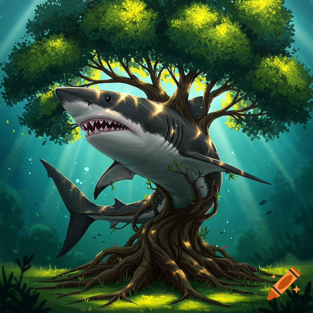 A large shark fused into the trunk and branches of a tree with green ...