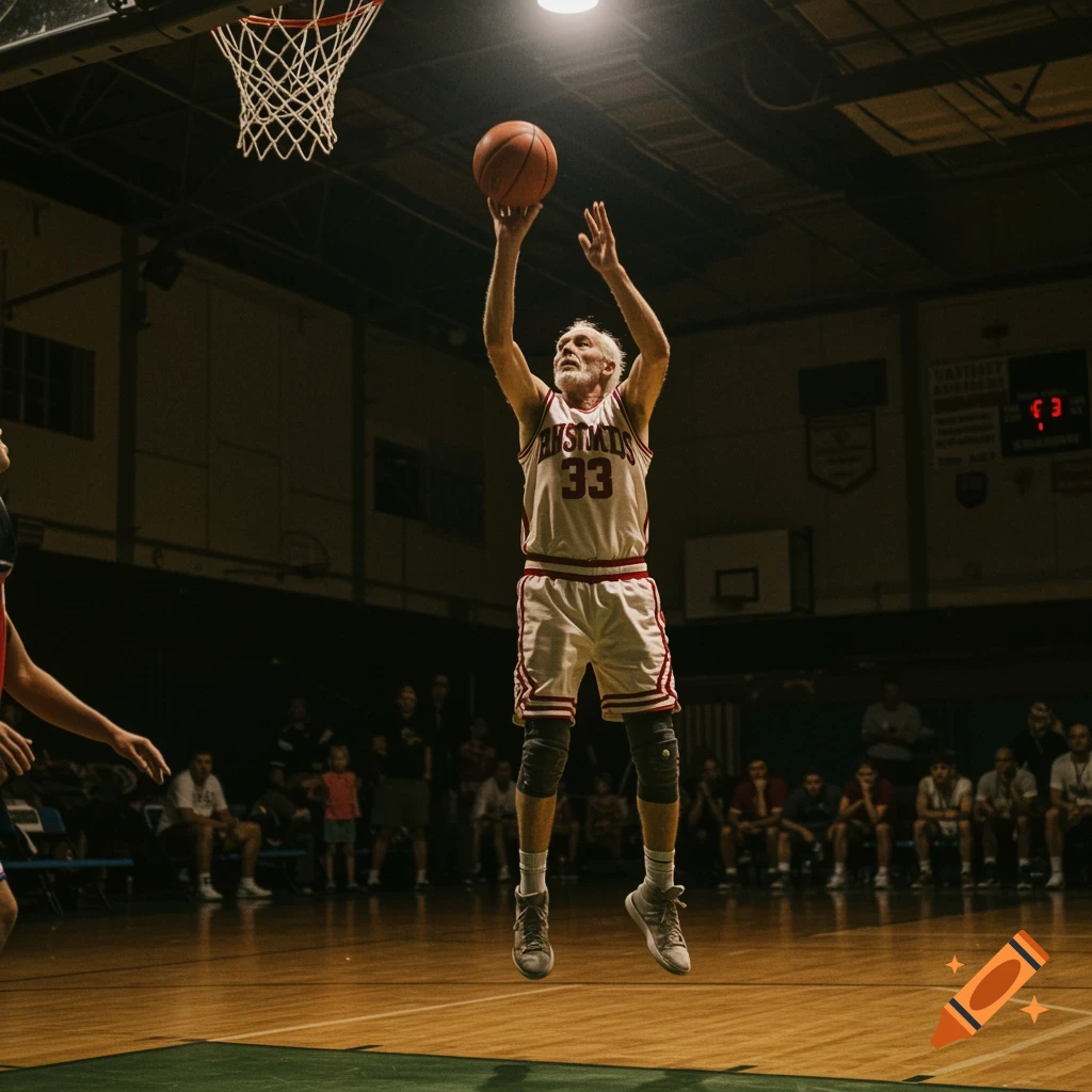 Elderly man shooting a jump shot in a vintage-style dimly lit ...