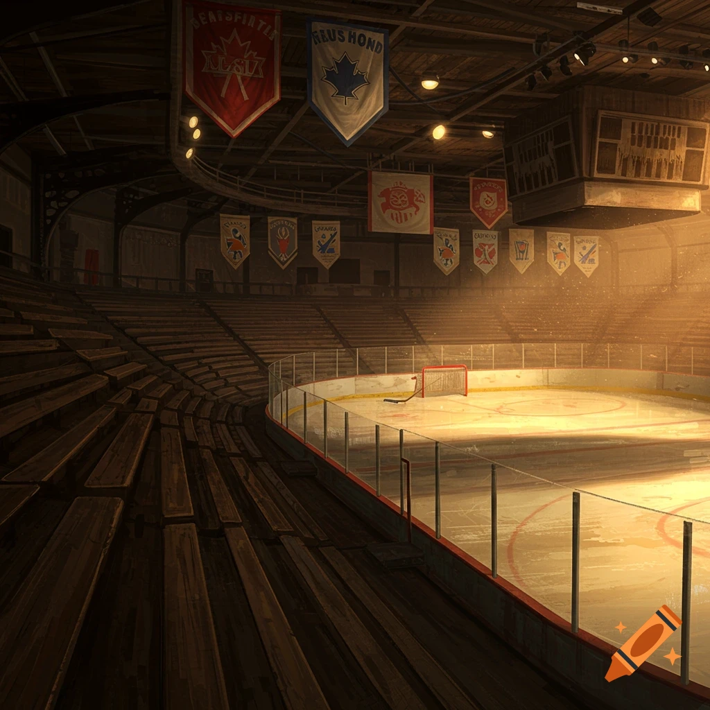 An old, empty hockey arena with wooden seats and banners. on Craiyon
