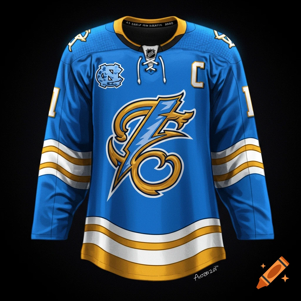 Royal blue ice hockey jersey with gold, white, and carolina blue ...