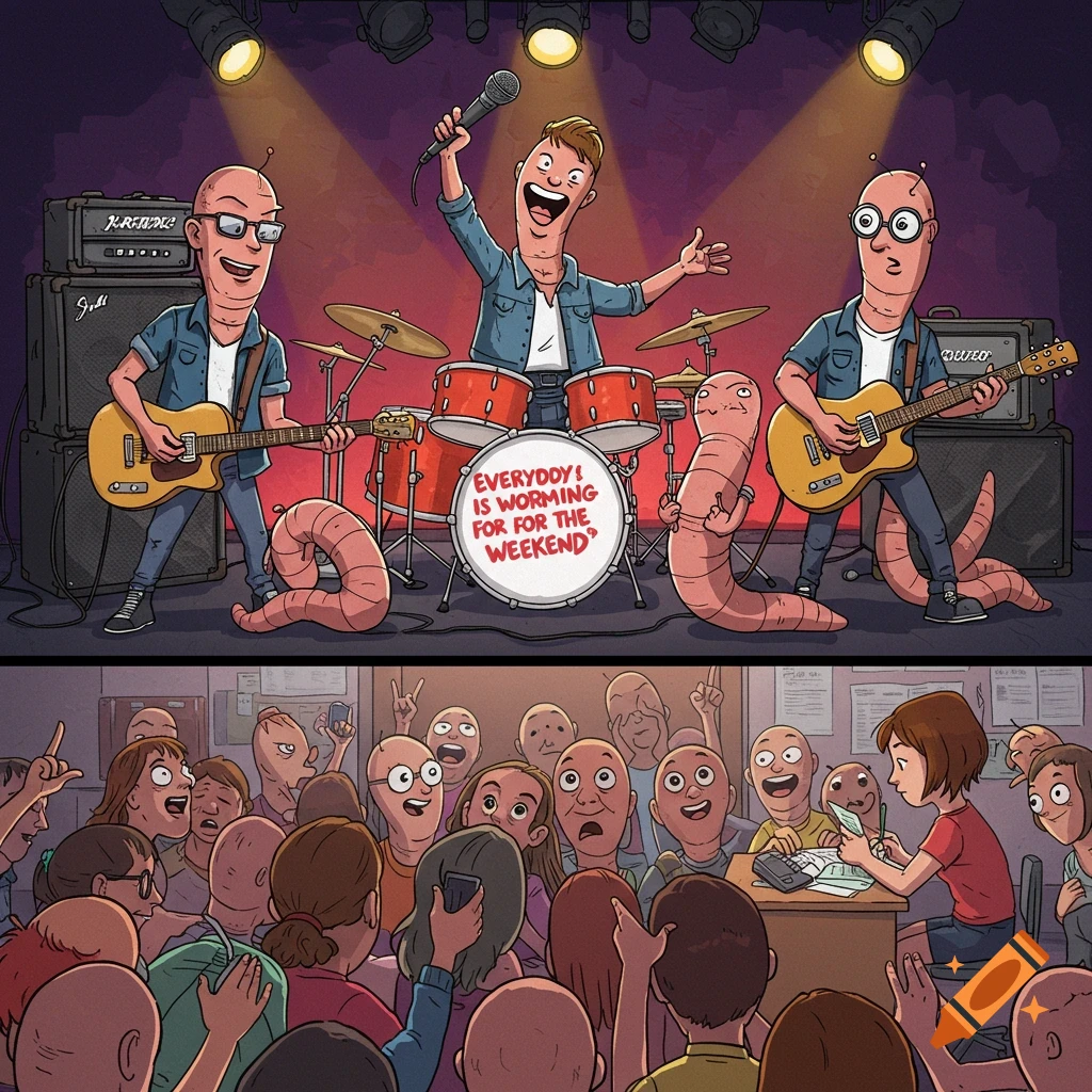 Cartoon of Lover Boy band as worms performing for worm fans on Craiyon