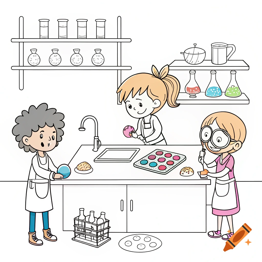 Coloring page of kids making bath bombs in a science lab on Craiyon