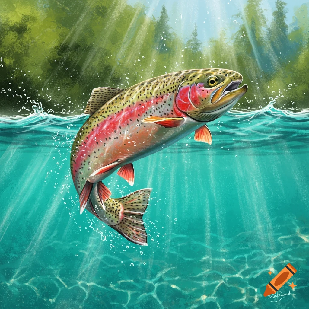 A vibrant image of a rainbow trout leaping from the water with sunlight ...