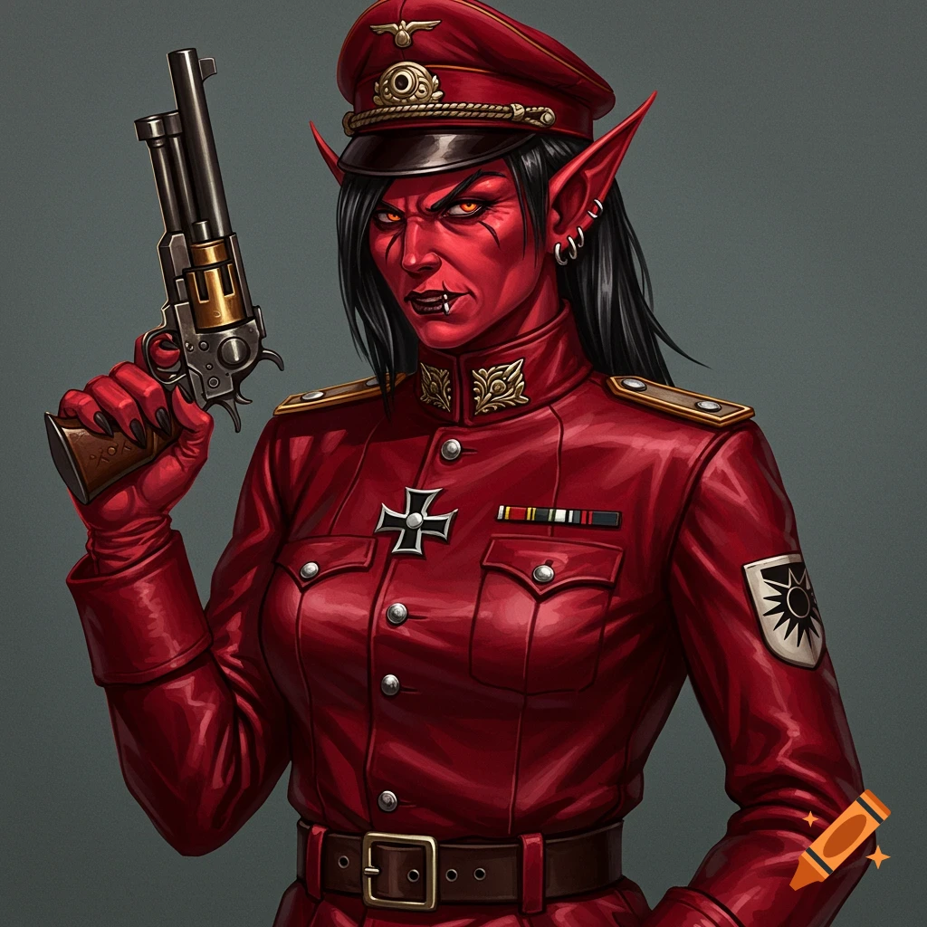 Crimson hobgoblin devil veteran in red leather anime-style uniform with ...