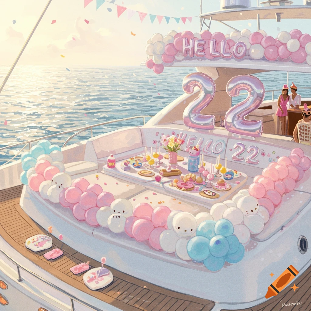 Yacht decorated with Hello Kitty themed balloons and "hello 22" text ...