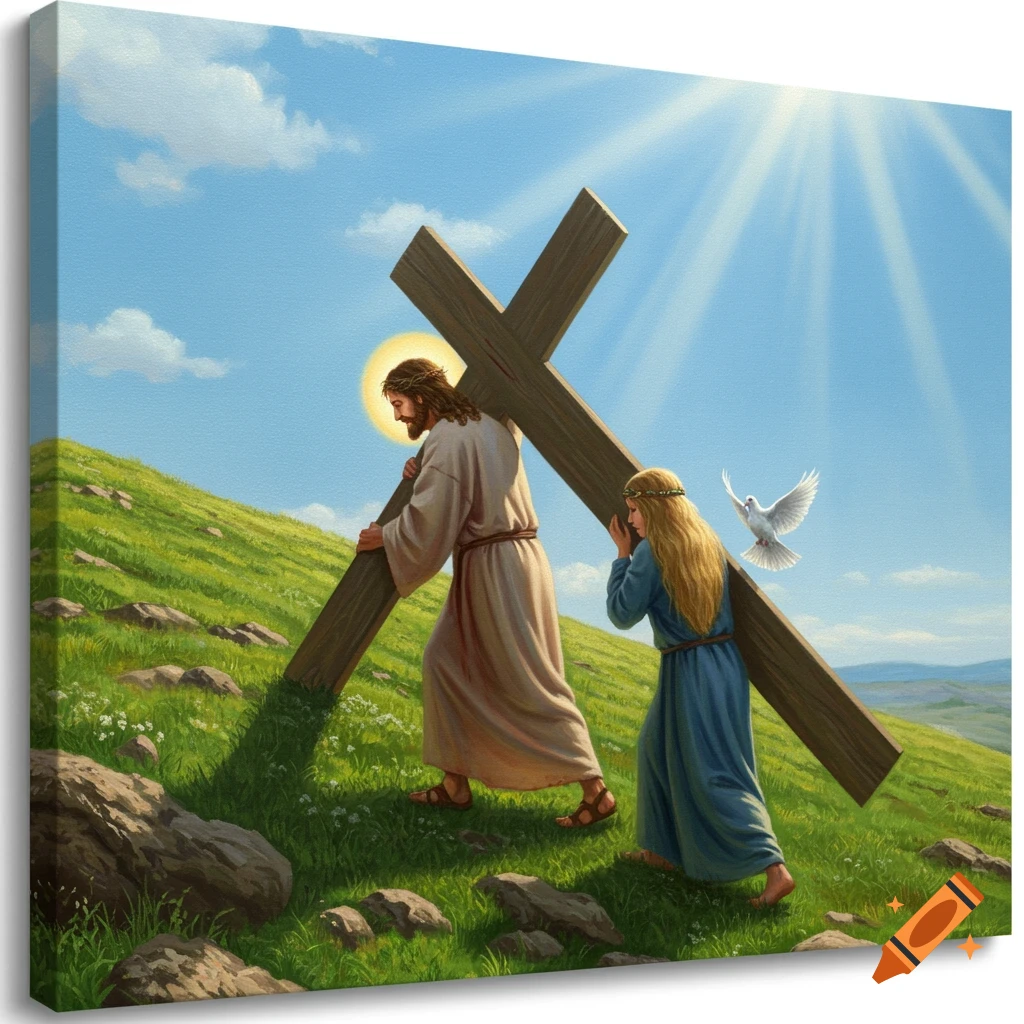 Jesus and a woman carry crosses uphill with a dove under bright sun ...