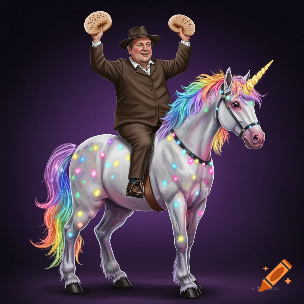 Man riding LED-lit rainbow unicorn holding Twinkies. on Craiyon
