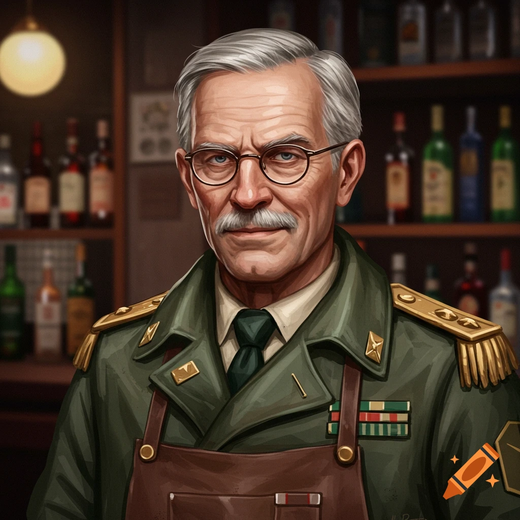 Mid-60s barkeep with a military jacket and silver hair on Craiyon
