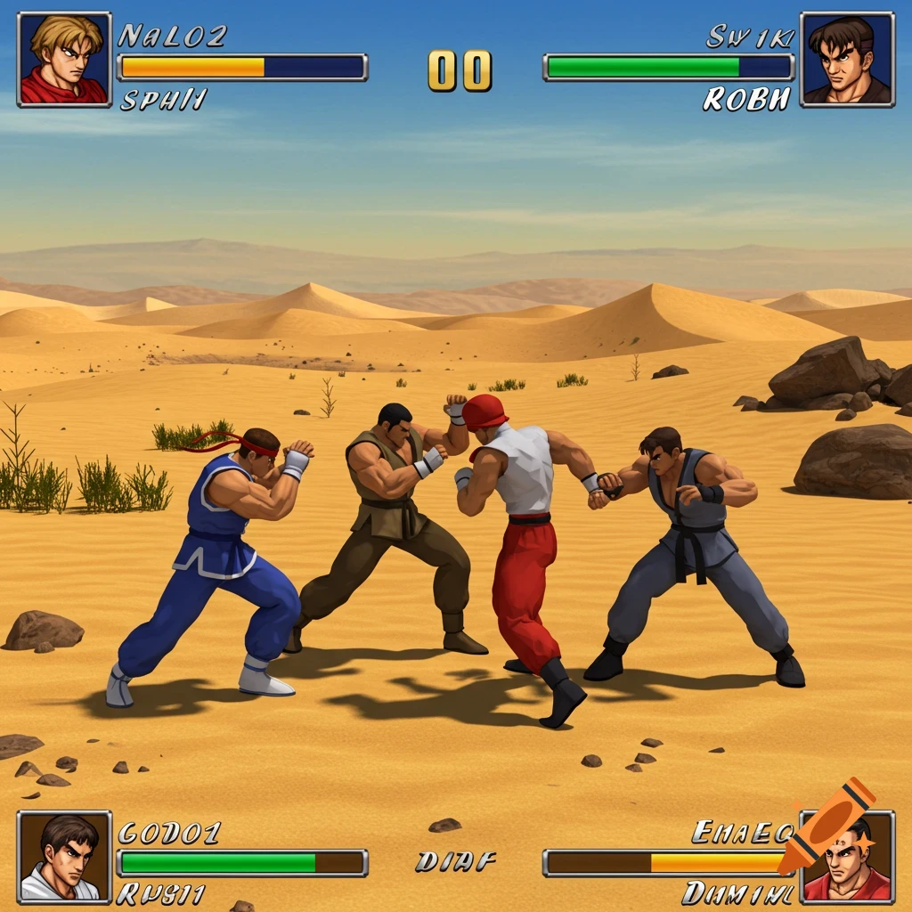 A 3D fighting game screen showing three characters fighting in a ...