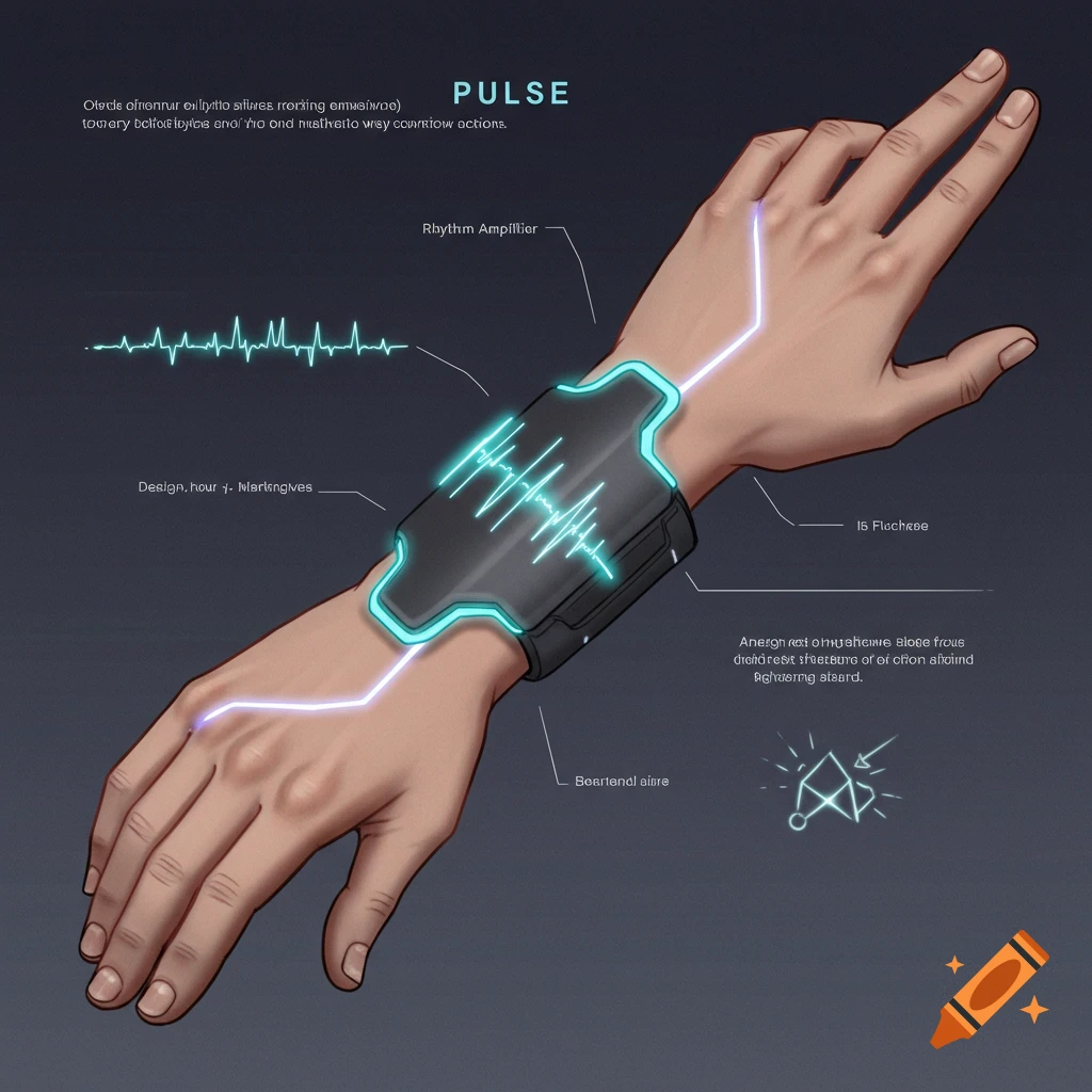 Sleek wristband or glove rhythm amplifier with glowing lines pulsing ...