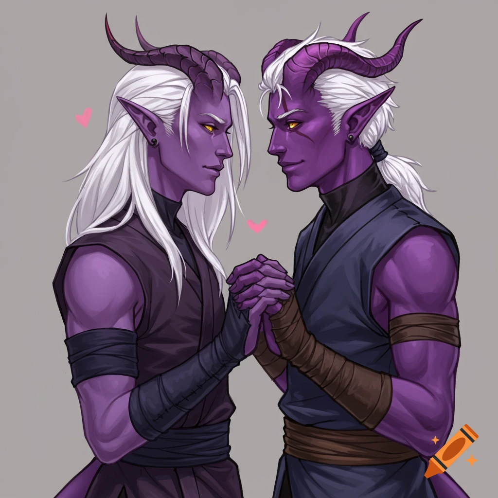 Two male tieflings holding hands and gazing lovingly on Craiyon