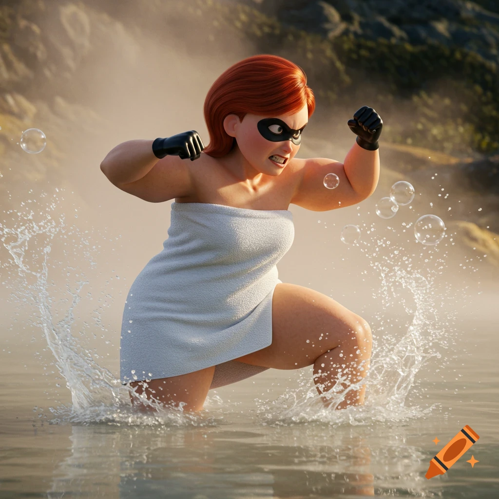 Mrs. Incredible in a towel strikes a fighting pose in a hot spring ...