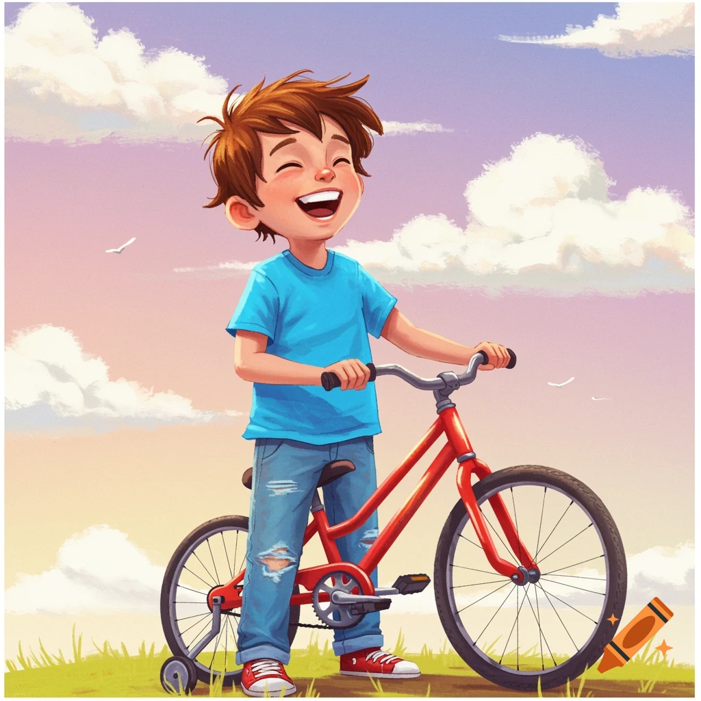 Illustrative image of a happy young boy on a bright red bicycle ...