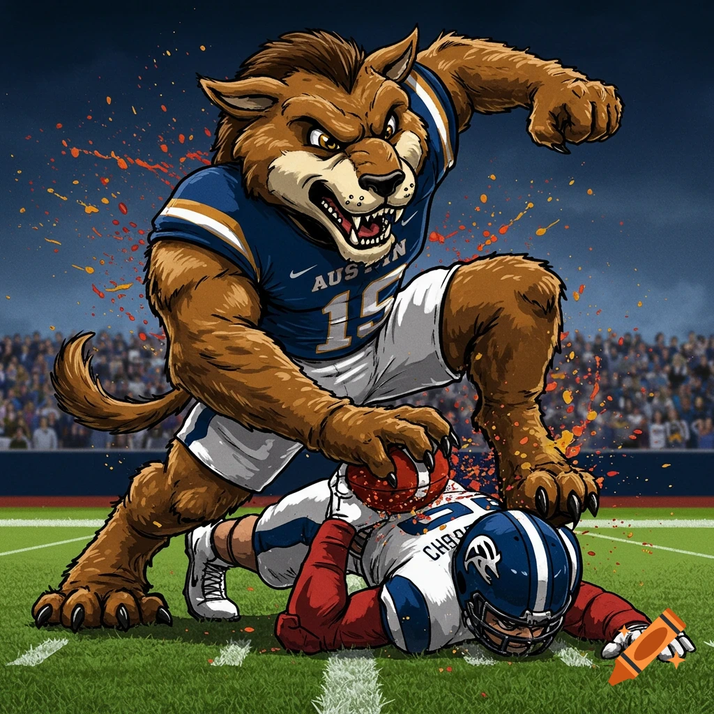 A wolf mascot in a football jersey is stomping on a player on a field ...