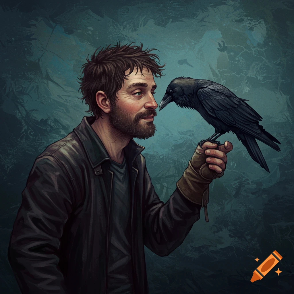 Stylized illustration of a man holding a black crow by its beak in his ...