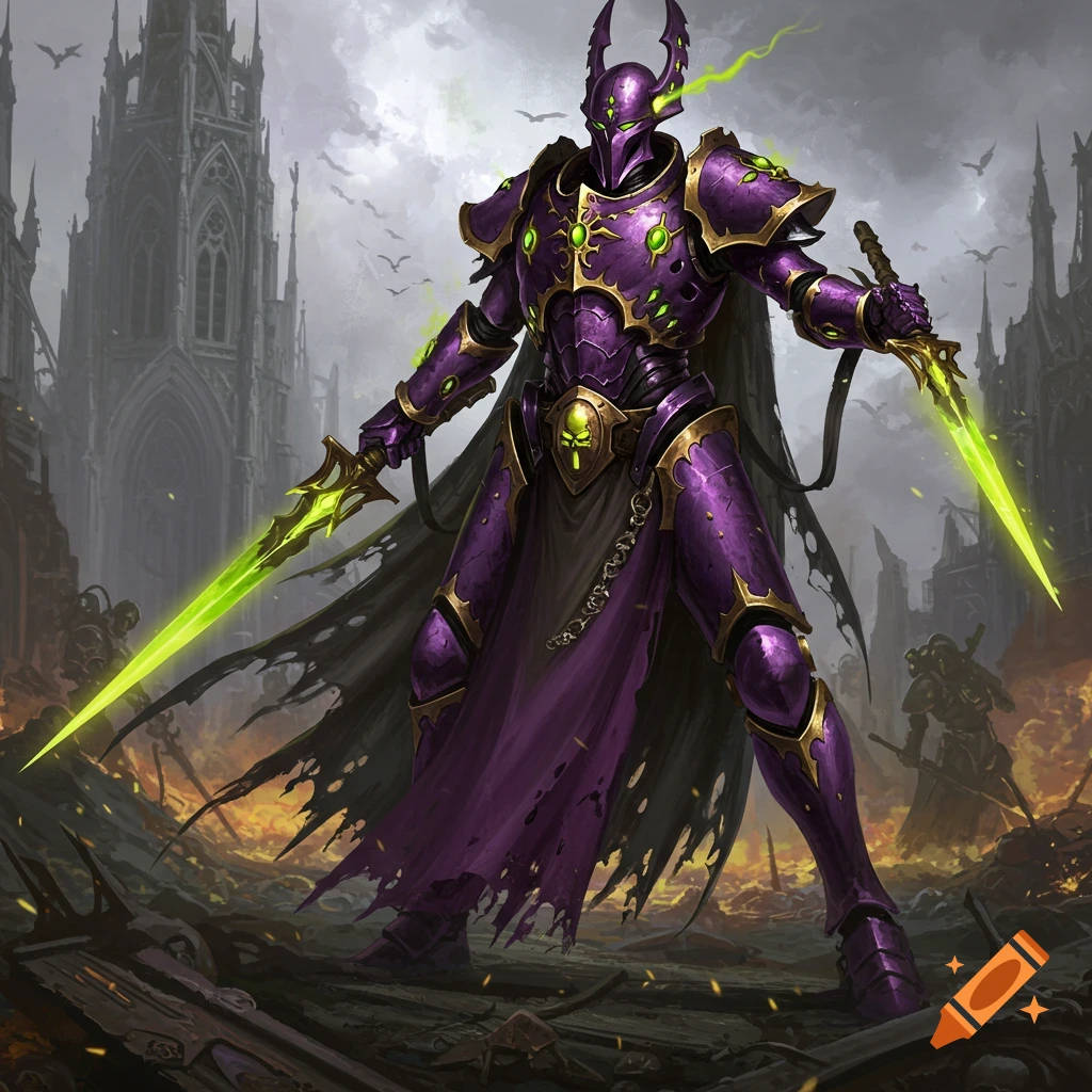 Warhammer 40k Aeldari Wraithlord painted purple, yellow, and black on ...