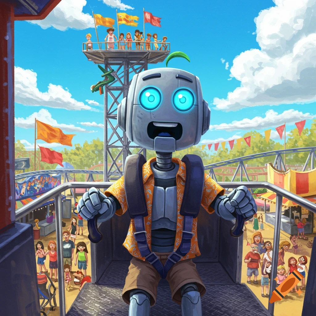 Ron B-Bot on sky coaster platform at amusement park on Craiyon