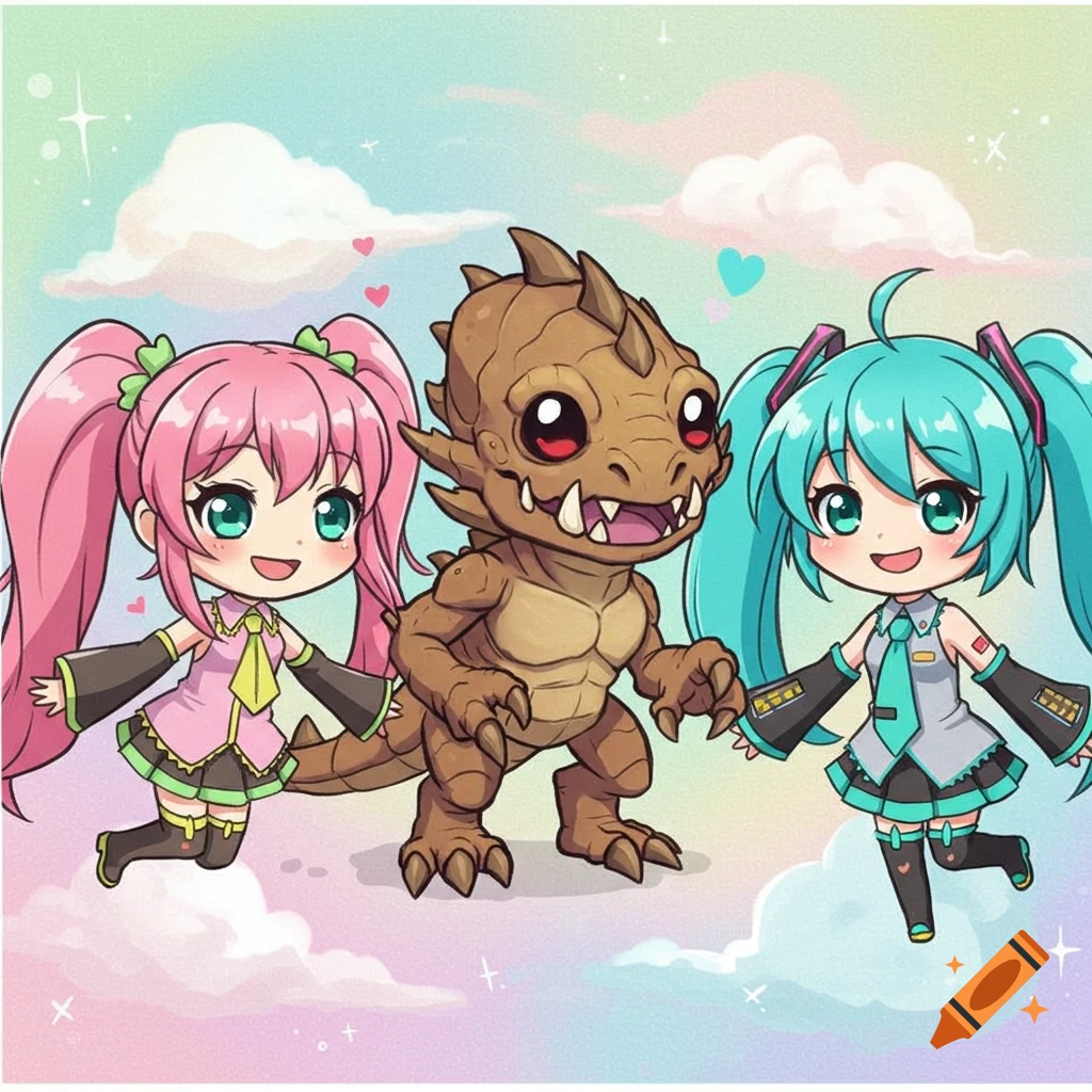 Family photo with StarCraft cartooned zergling and anime girls on Craiyon