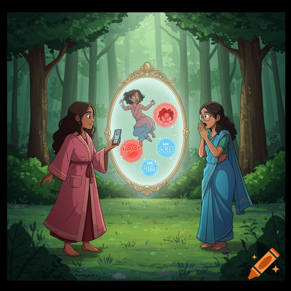 Magical mirror reflecting different emotional states of two girls in a ...