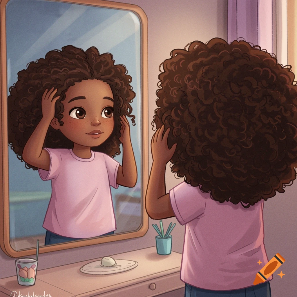 Cute cartoon black girl with curly hair looking in a mirror on Craiyon