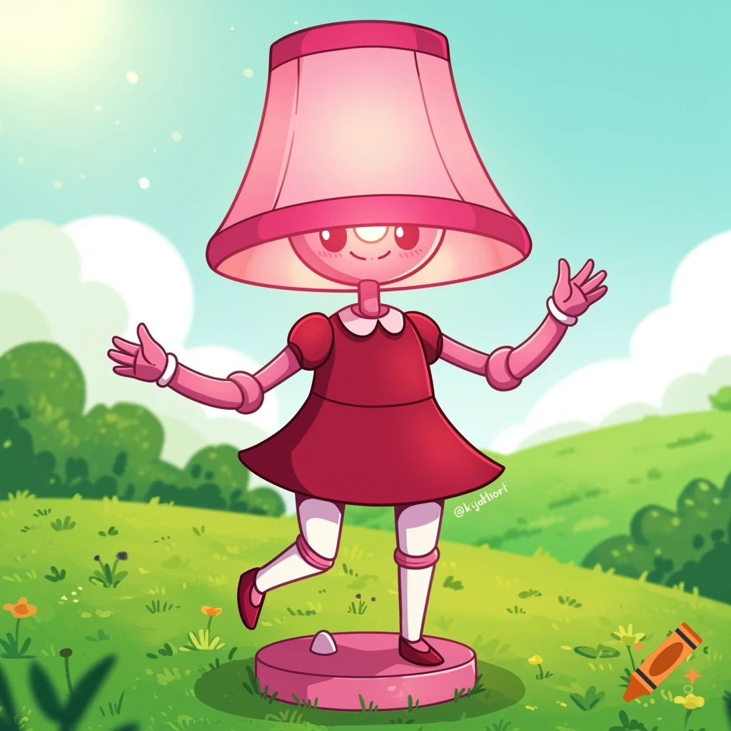 Whimsical cartoon of a pink lamp character in a red dress standing in a ...