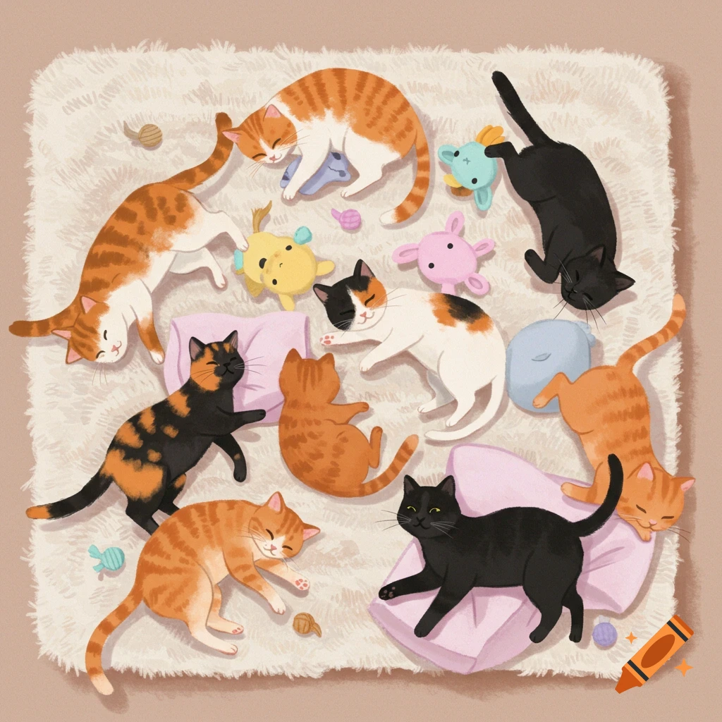 An illustration of multiple colorful cartoon cats playing in a ...