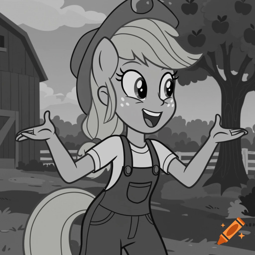 Applejack from My Little Pony in a black and white vintage cartoon style on a farm. on Craiyon