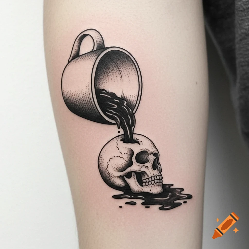 Minimalist black tattoo of coffee mug spilling skull-shaped liquid on ...