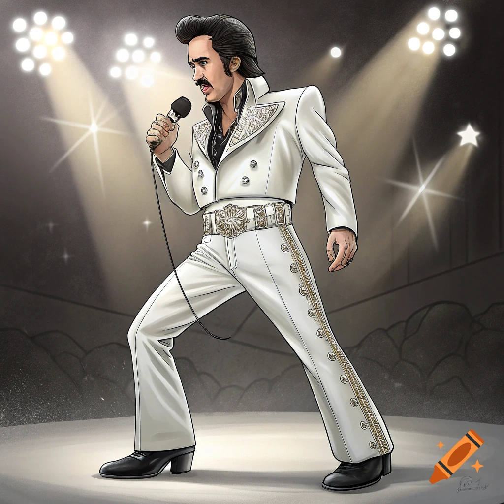 Illustration of Elvis Presley in his white jumpsuit holding a large ...