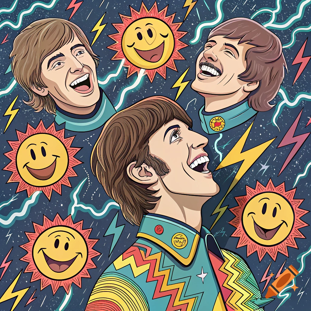 Cartoon pop art illustration of four figures resembling The Beatles ...