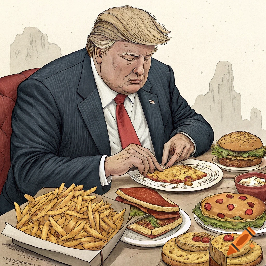 Donald Trump eating pizza messily with a crocodile on Craiyon