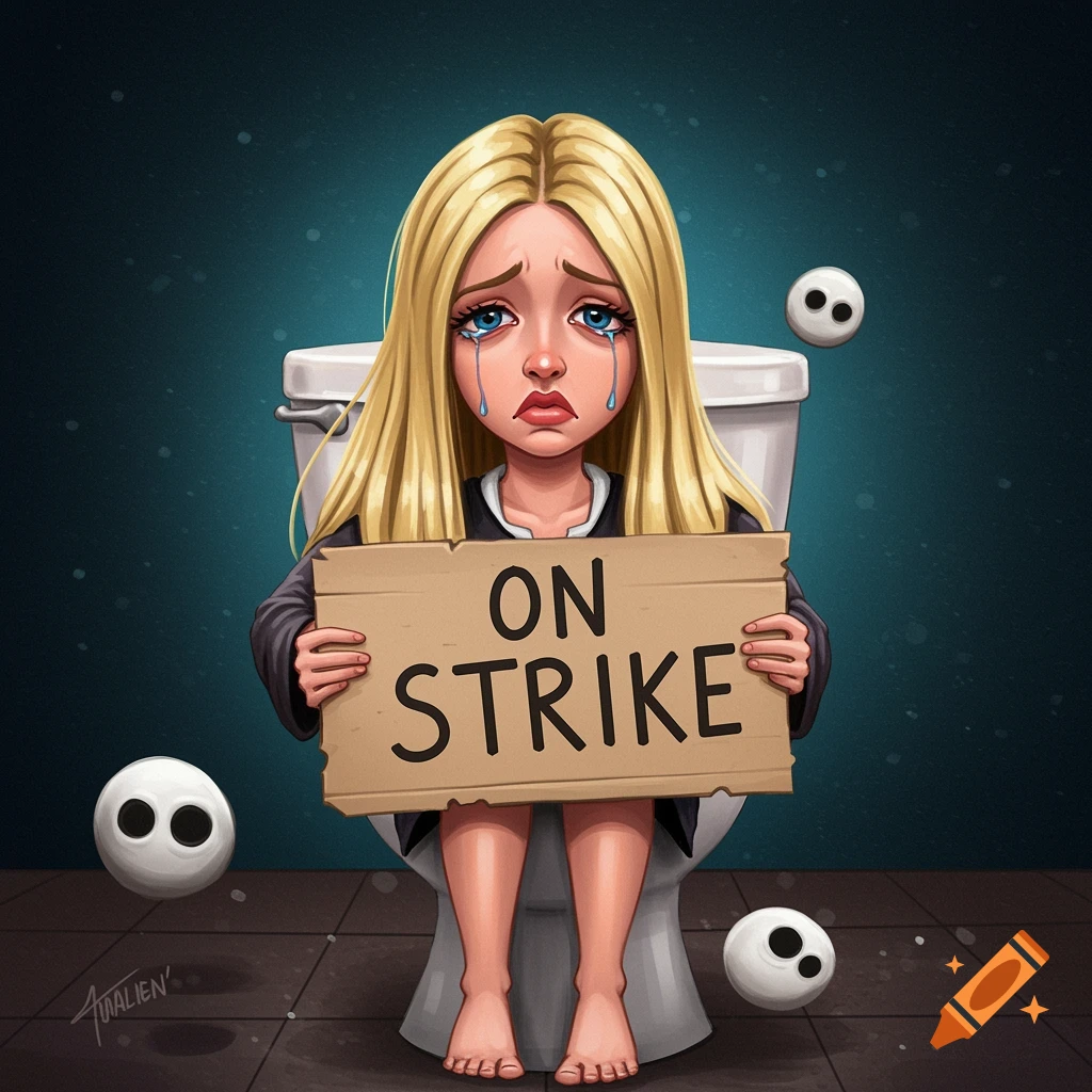 Whimsical illustration of a sad, cute blonde woman on strike, sitting ...