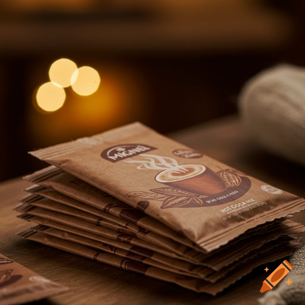 Hot cocoa powder mix in paper packets on Craiyon