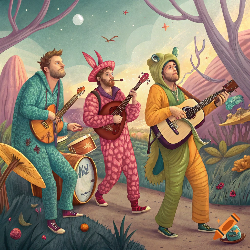 Illustration of three people in animal costumes playing instruments on ...