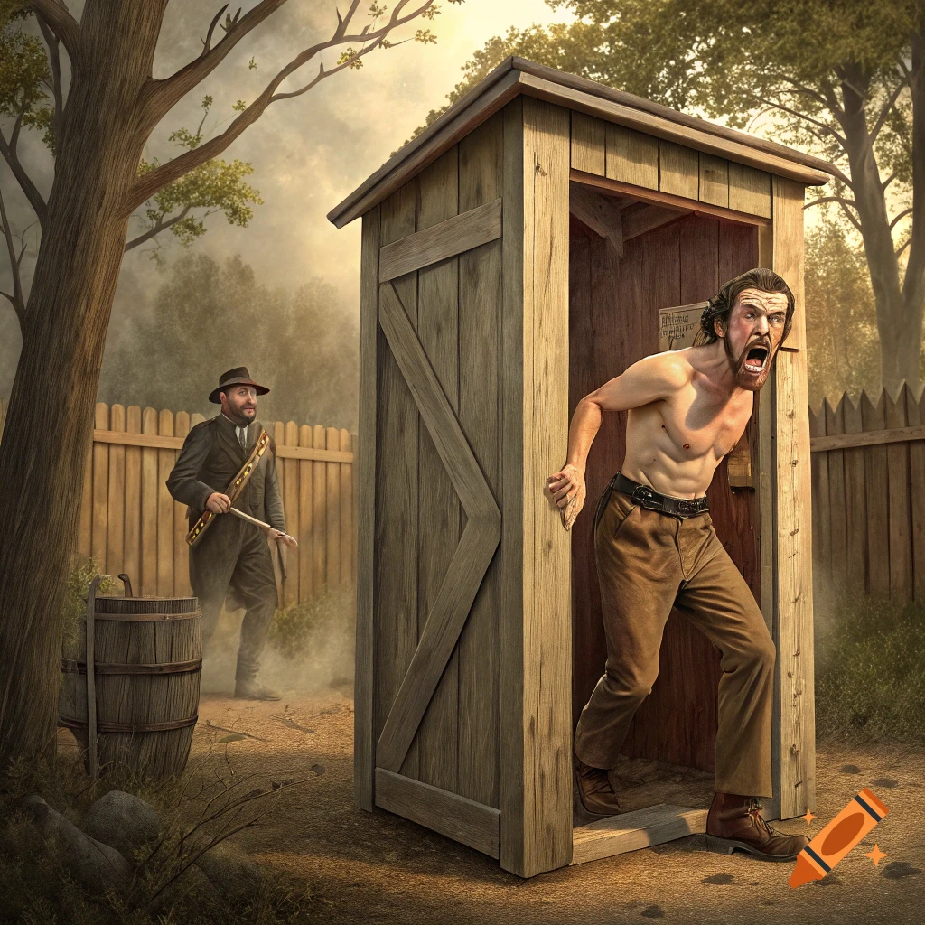 Comedian Sam Hyde menacingly inside a frontier outhouse, while streamer ...