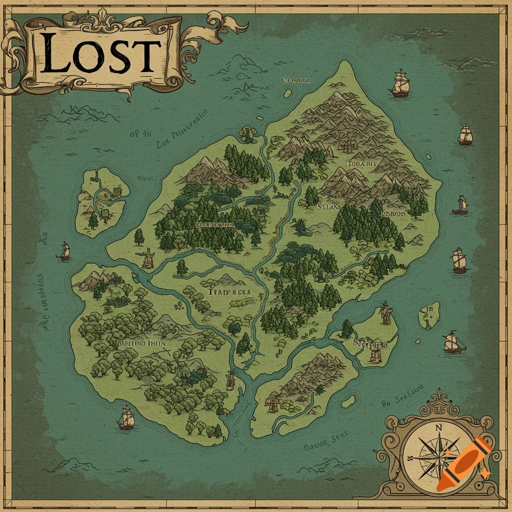 A detailed, hand-drawn style fantasy map of a large island with ...