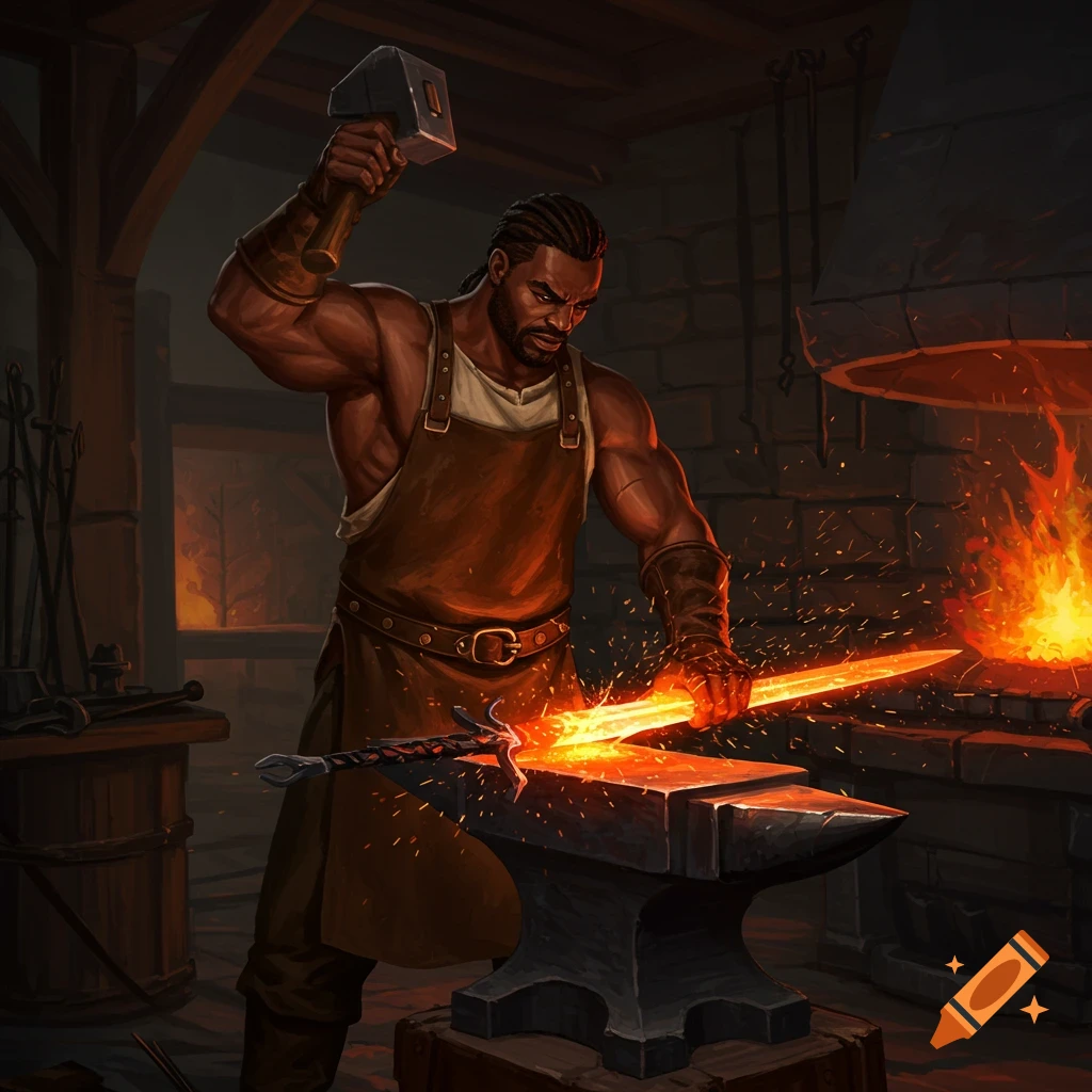 A bearded blacksmith hammers glowing metal on an anvil in a forge. on ...