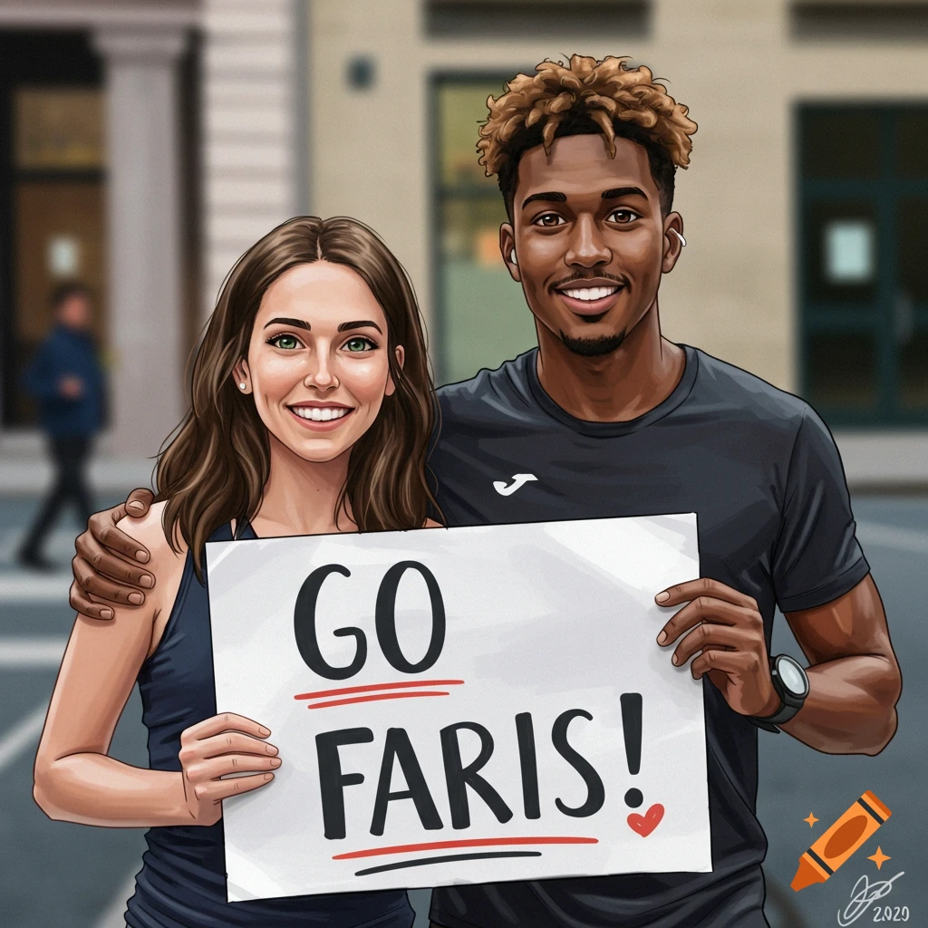 A man and woman holding a 'GO FARIS!' sign on a city street. on Craiyon