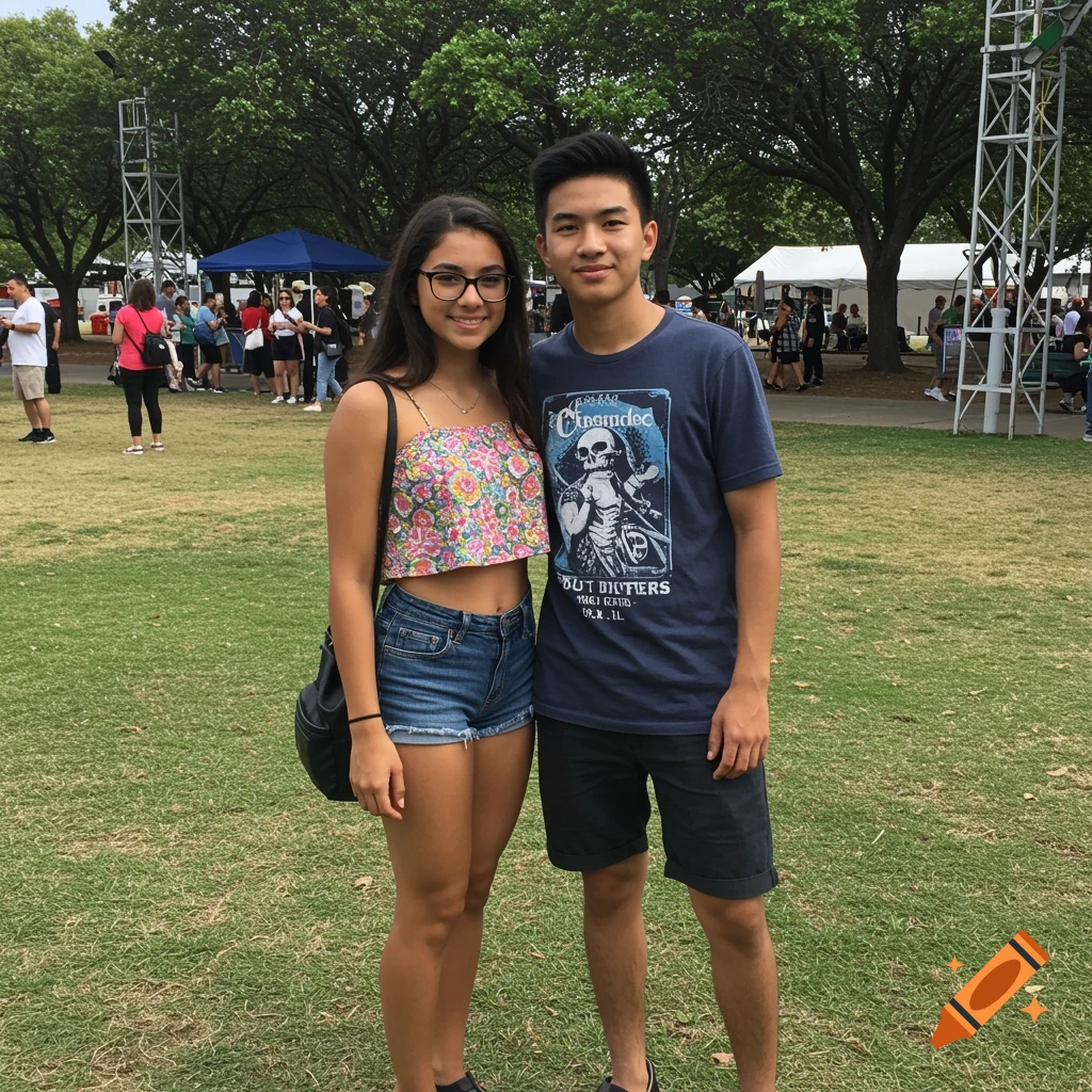 Girl and boy with tan skin and casual outfits on Craiyon