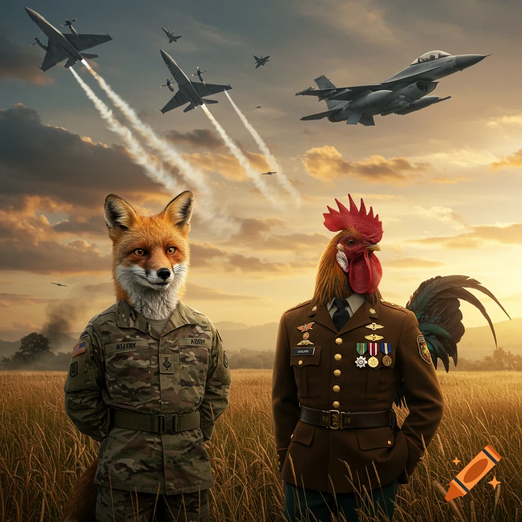 Fox and rooster in military uniforms with F16 and C130 aircraft on Craiyon