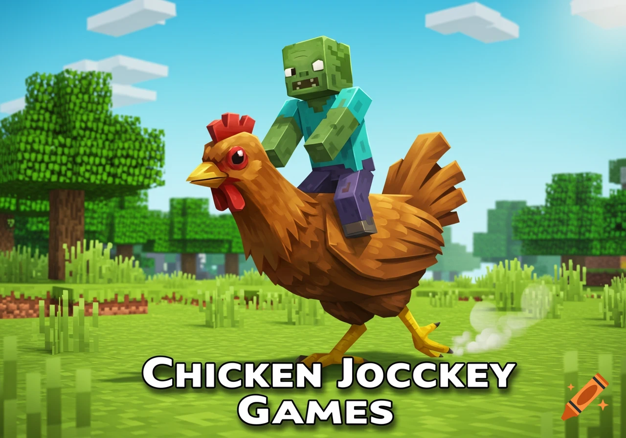 Minecraft zombie riding a chicken with "Chicken Jockey Games" text on ...