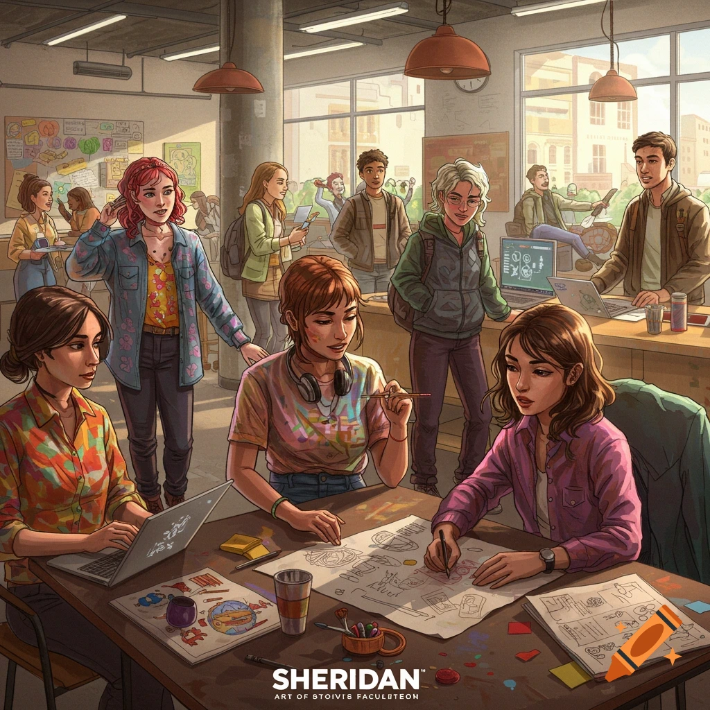 Digital painting of students working and interacting in a busy ...