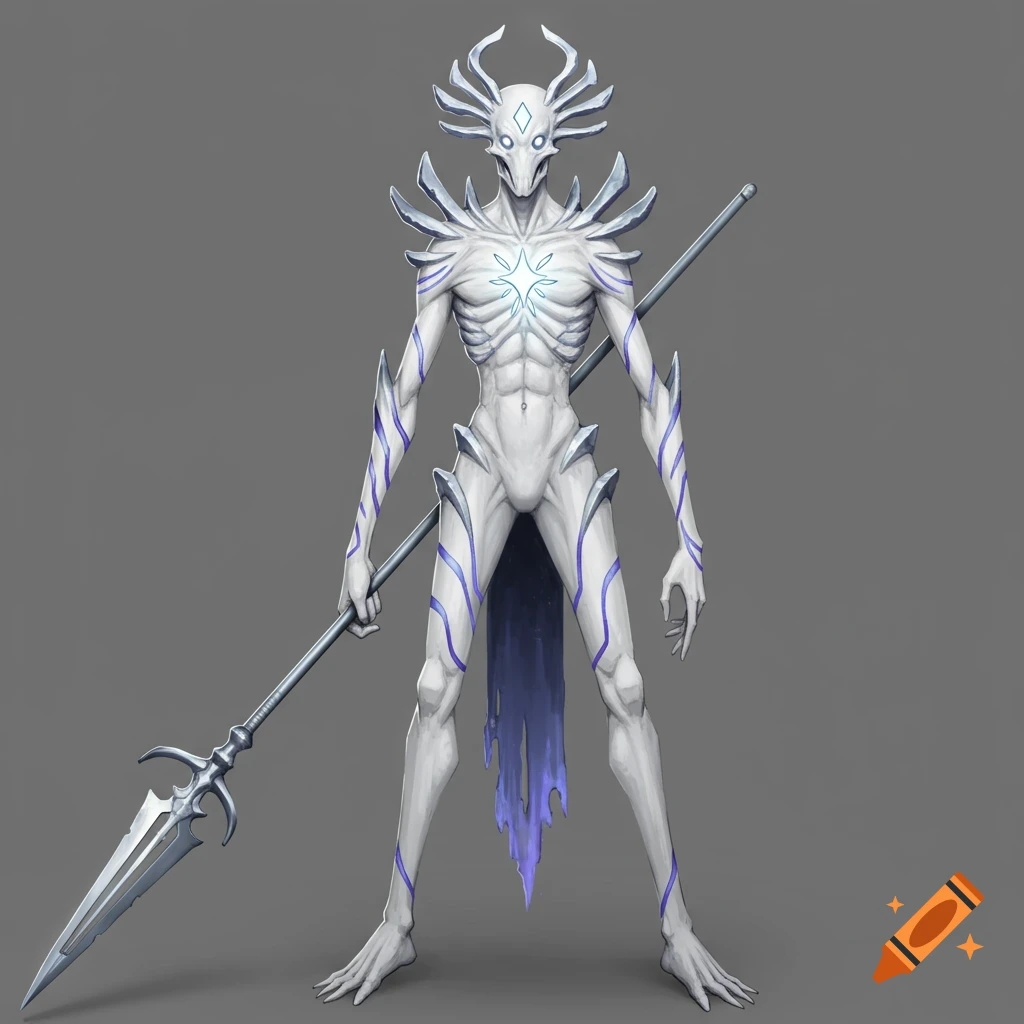 Tall, white humanoid creature with silver eyes and blue markings. on ...