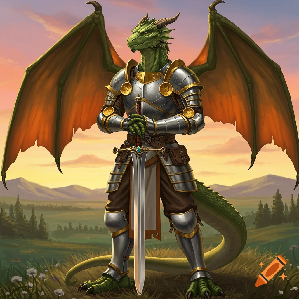 A green dragonborn in shining knight's armor stands in a noble hall. on ...