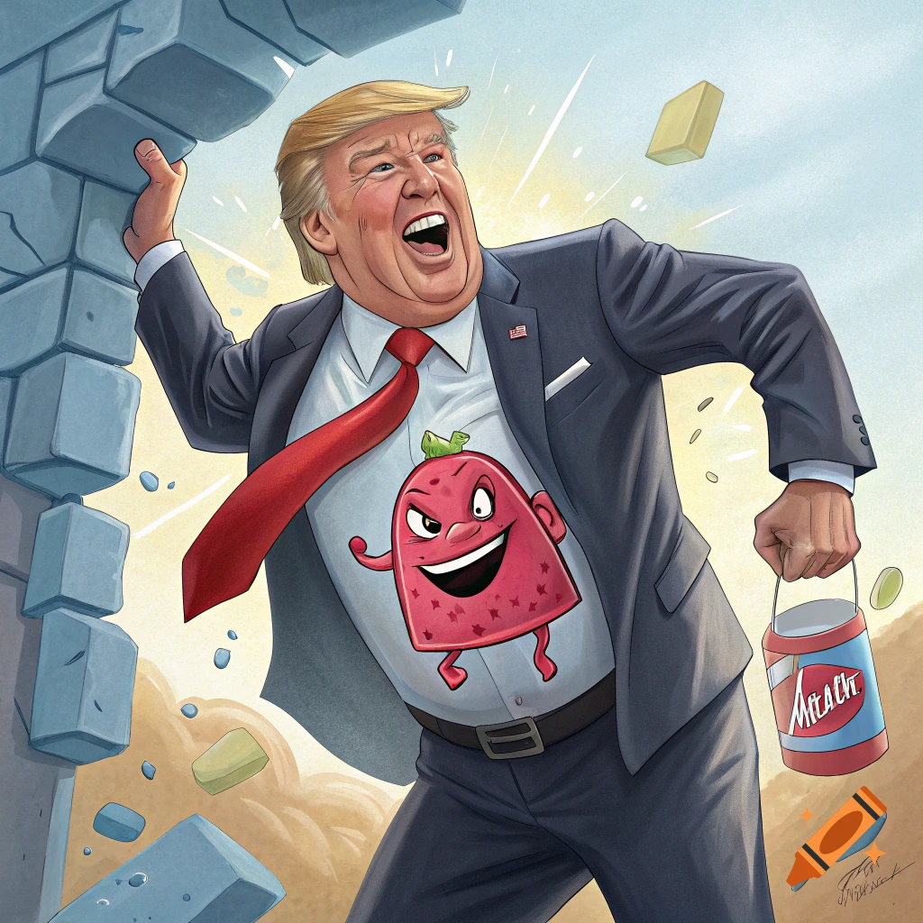 Illustration of Donald Trump breaking through a wall, with a cartoon ...