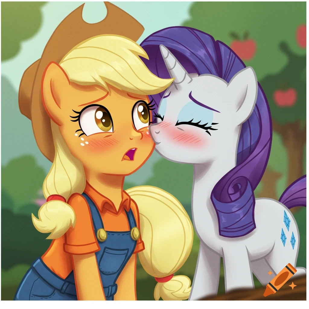 Cartoon drawing of Rarity kissing Applejack on the cheek, who is ...